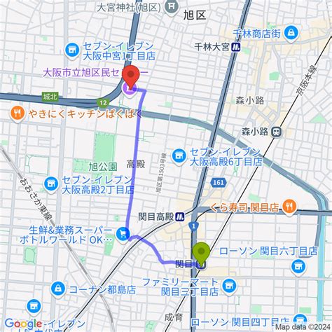 関目駅から大阪市立芸術創造館へのルートマップ Mdata