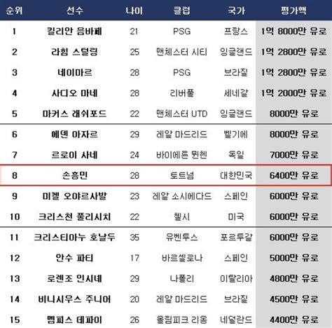 데일리안 ‘아직도 저평가 손흥민 포지션별 몸값 순위 포텐 터짐 최신순 에펨코리아
