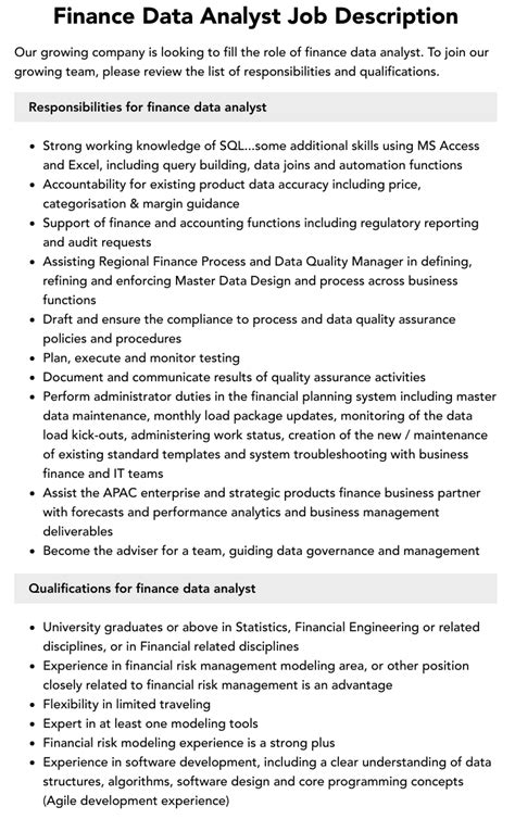 Finance Data Analyst Job Description Velvet Jobs