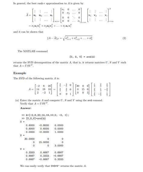 MAT Laboratory The SVD Decomposition And Image Chegg
