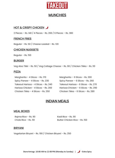Menu At Takeout Parwanoo