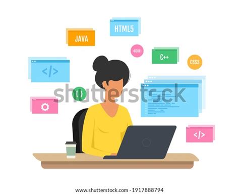 Programmer Girl Working On Laptop Programming Stok Vektör Telifsiz 1917888794