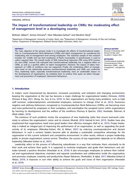 Pdf The Impact Of Transformational Leadership On Cwbs The Moderating