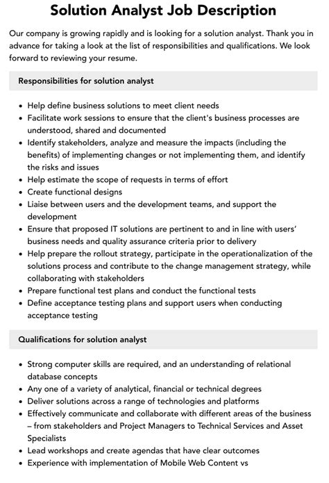 Solution Analyst Job Description Velvet Jobs