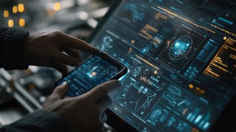 Software Engineer Using Smartphone And Computer With Futuristic Interface Analyzing Data Stock