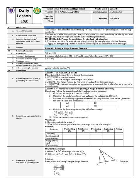 Dll 4th Cot Triangle Bisector Theorem Pdf Triangle Elementary
