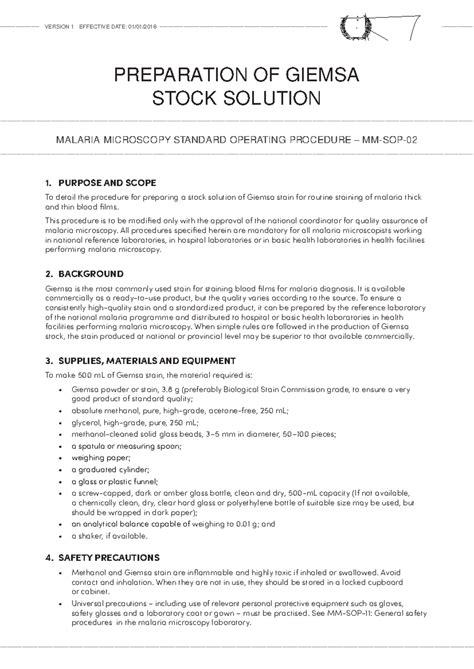 Who Htm Gmp Mm Sop 2016 Sops Version 1 Effective Date 01 01 Preparation Of Giemsa Stock
