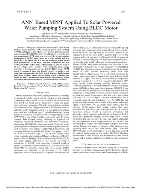 Ann Based Mppt Applied To Solar Powered Water Pumping System Using Bldc