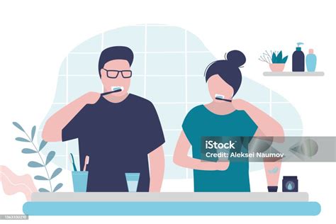 Pasangan Menyikat Gigi Di Kamar Mandi Pria Dan Wanita Mempraktikkan