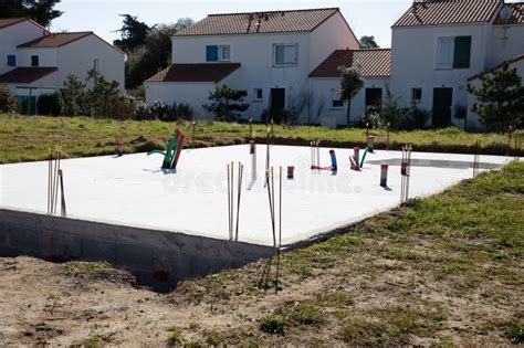 Concrete Slab Framework Of Residential House Under Construction In Residential Suburbs Stock