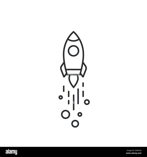 Outline Rocket Ship With Fire Isolated On White Flat Line Icon Vector Illustration With