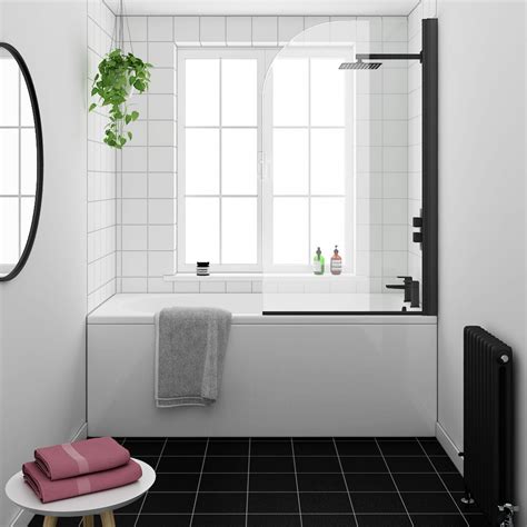 Arezzo 1435 X 770 Matt Black Curved Top 6mm Glass Pivot Bath Screen