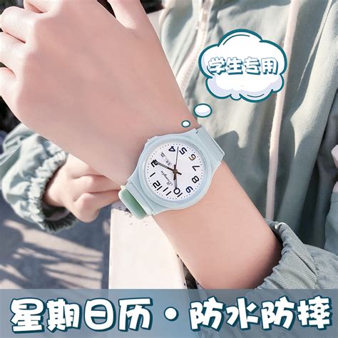 儿童手表女童初中小学生女生女孩韩版简约运动指针式夜光防水防摔 虎窝淘