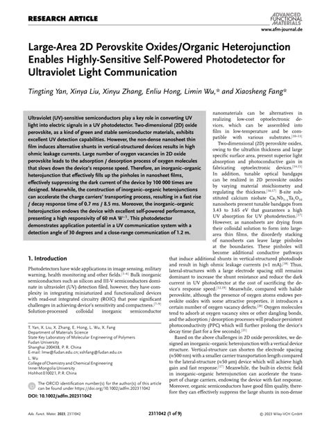 Large‐area 2d Perovskite Oxidesorganic Heterojunction Enables Highly