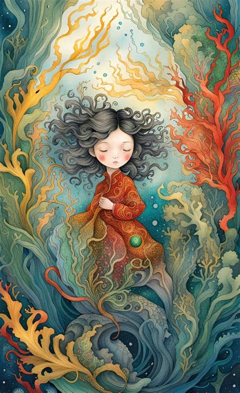 Digital Watercolor Illustration Of A Beautiful Girl Seaweed And