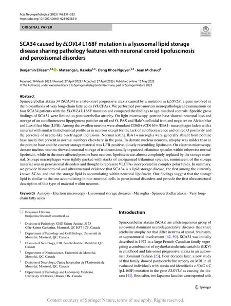 Sca34 Caused By Elovl4 L168f Mutation Is A Lysosomal Lipid Storage