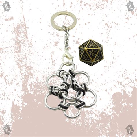 Brass Webbed With Brown Solid Metal D20 Keychain Dice Prison One Link