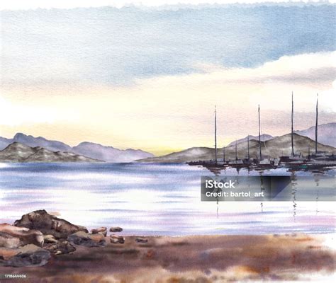 수채화 풍경 산 항구 해변 돌이 있는 바다 풍경 일몰 손으로 그린 그림 수채화에 대한 스톡 벡터 아트 및 기타 이미지 수채화