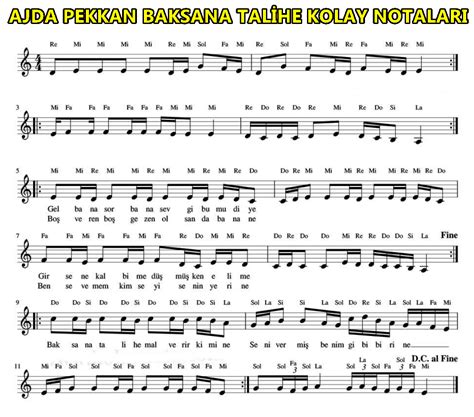 Ajda Pekkan Baksana Talihe Melodika Kolay Nota Bağlama Notaları Do
