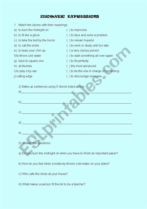 Idiomatic Expressions ESL Worksheet By Teachertaci