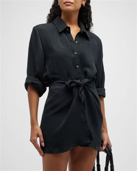 Anemos Laur Front Tie Mini Linen Cupro Shirtdress Neiman Marcus