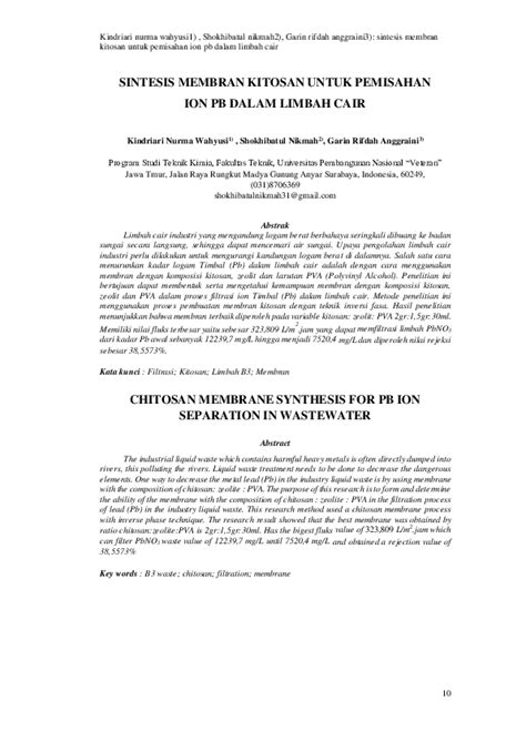 Pdf Sintesis Membran Kitosan Untuk Pemisahan Ion Pb Dalam Limbah Cair