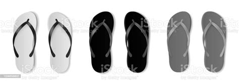 사실적인 플립 플롭 모형 흑백 비치 신발 블랙 화이트 그레이 빈 고무 수영장 해변과 욕실 샌들 쌍 여름 신발 상단 뷰 신발 벡터 세트 실내화에 대한 스톡 벡터 아트 및 기타
