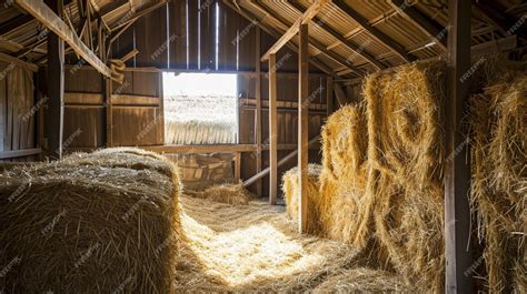 Premium Photo | Inside Rustic Wooden Old Barn Hay Bales Straw Sunlight Rays Light Beams Farm ...