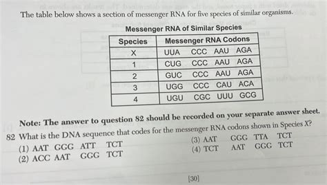 Solved The Table Below Shows A Section Of Messenger RNA For Five Species Of Similar Organisms