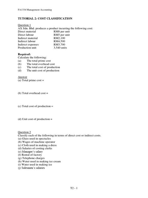 Tutorial 2 Cost Classification Pdf Financial Economics Accounting