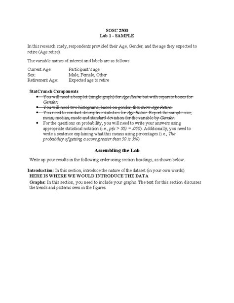 Sample Lab Assignment Number 1 Components That Must Be Included In Final Submission Sosc