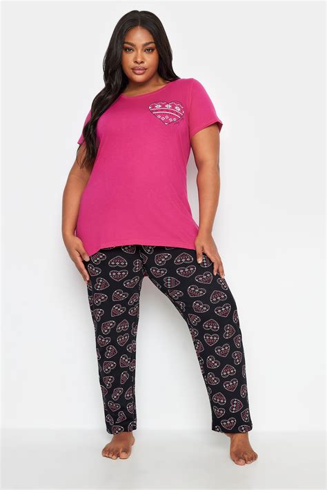 Yours Plus Size Pink Fairisle Heart Print Pyjama Set Yours Clothing