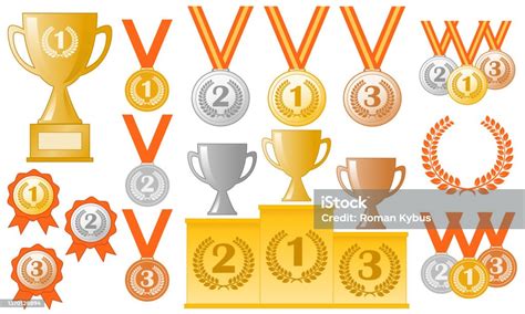 수상 메달 연단 트로피 상금 컬러 벡터 일러스트레이션 세트 메달에 대한 스톡 벡터 아트 및 기타 이미지 메달 인포그래픽 1 Istock