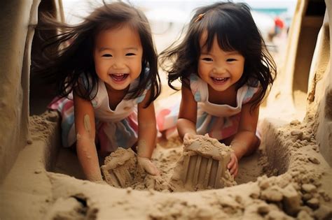 Premium Photo Two Little Asian Twin Girls Are Walking In The Sandbox