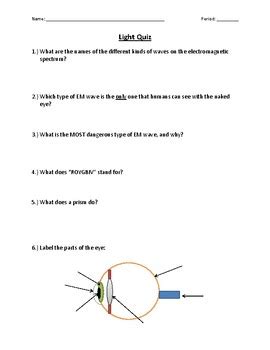 Light Quiz Test By Yeh For Science Teachers Pay Teachers