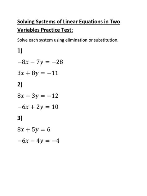Solving Systems Of Linear Equations In Two Variables Practice Test Pdf Pdf