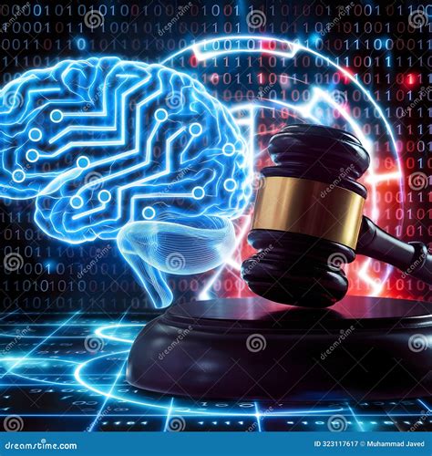 digital brain with circuits gavel symbolizes law amidst binary grid backdrop stock illustration