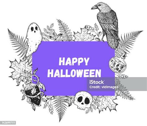 Joyeux Halloween Feuilles Dautomne Potion Corbeau Fantôme Illustration