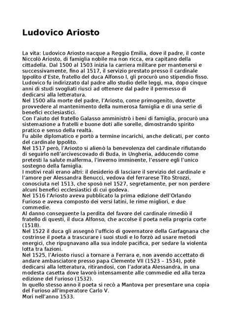 Ludovico Ariosto Vita E Opera Appunti Di Italiano Docsity
