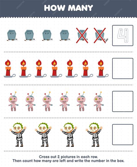 어린이를 위한 교육 게임은 귀여운 만화 묘비 양초 부두 인형 해골의 수를 세고 상자에 인쇄 가능한 할로윈 워크시트에 숫자를 씁니다 프리미엄 벡터