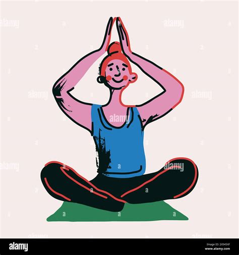 Happy Woman Is Sitting In Yoga Pose On Green Mat Her Legs Crossed And