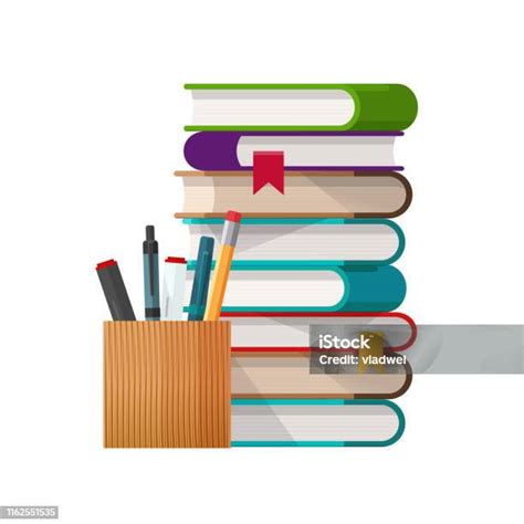 학교 책은 펜과 연필 유리 평면 만화 벡터 일러스트 레이션 흰색 교육 또는 도서관 연구 시간 클립 아트의 개념으로 스택 개인