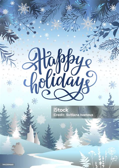 가문비나무 숲과 글자 비문이 있는 행복한 휴일 인사말 카드 겨울 휴가 배너입니다 즐거운 연말연시 되세요 문구에 대한 스톡 벡터 아트 및 기타 이미지 즐거운 연말연시