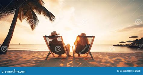 A Couple Relaxes On The Deck Chair At The Beach In The Sunset Ai