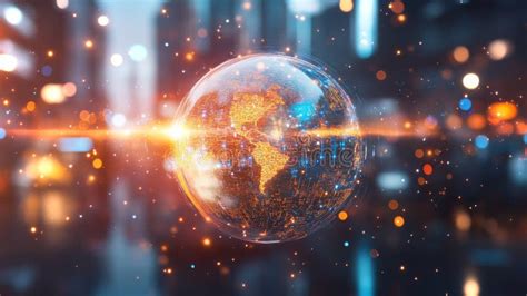 Visual Representation Of A Glowing Globe Surrounded By City Lights And Reflections At Night