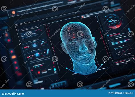 Futuristic Digital Interface Showcasing A Holographic Human Face With Data Visualization And
