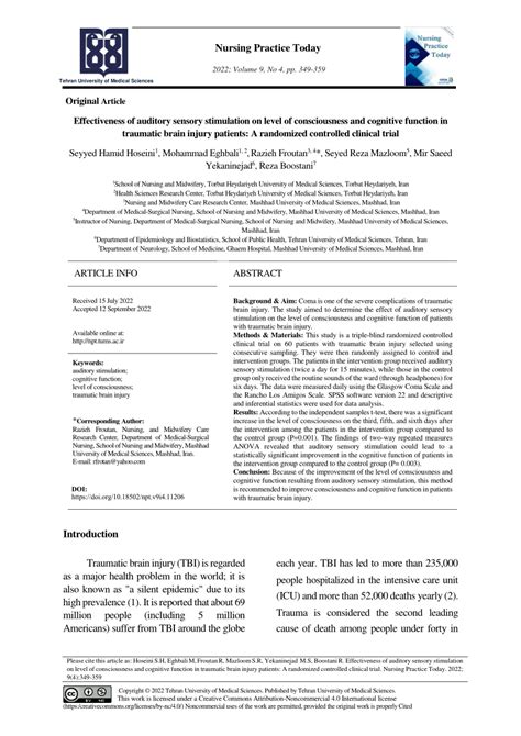 Pdf Effectiveness Of Auditory Sensory Stimulation On Level Of Consciousness And Cognitive