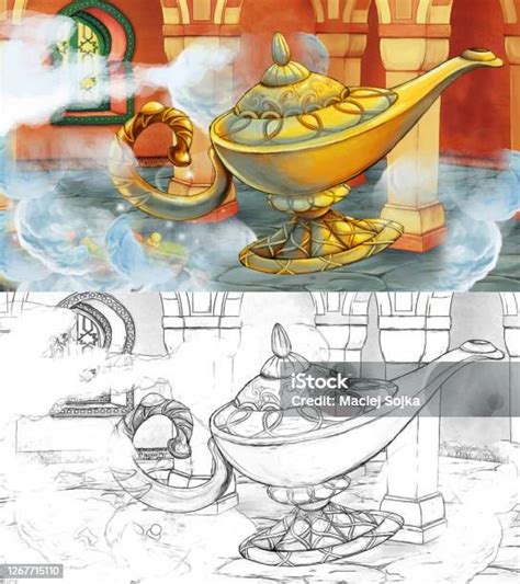 卡通素描場景與中世紀阿拉伯房間與寶藏和王子或國王 遠東裝飾品 不同用途的舞臺 插圖向量圖形及更多中古時代圖片 中古時代 亞洲 傢俱