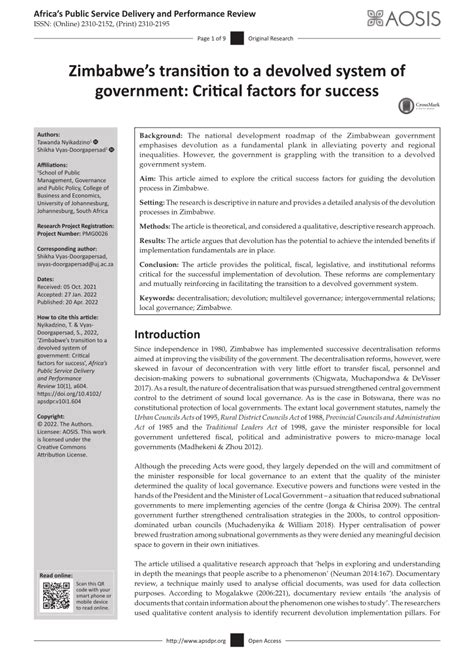 Pdf Zimbabwes Transition To A Devolved System Of Government Critical Factors For Success