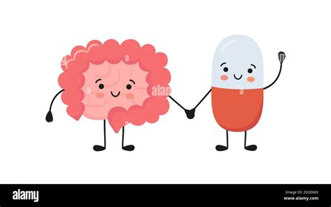 Healthy Intestine And Happy Smiling Medicine Pill Characters Hold Hands